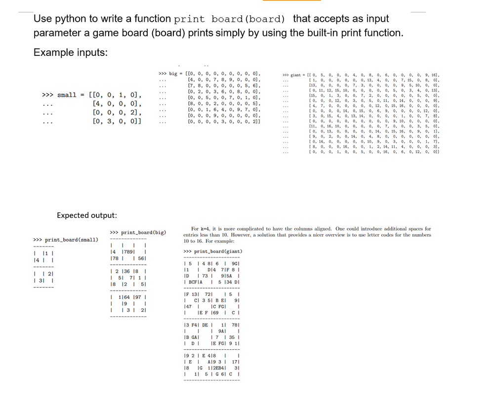 Solved Use python to write a function print board (board) | Chegg.com