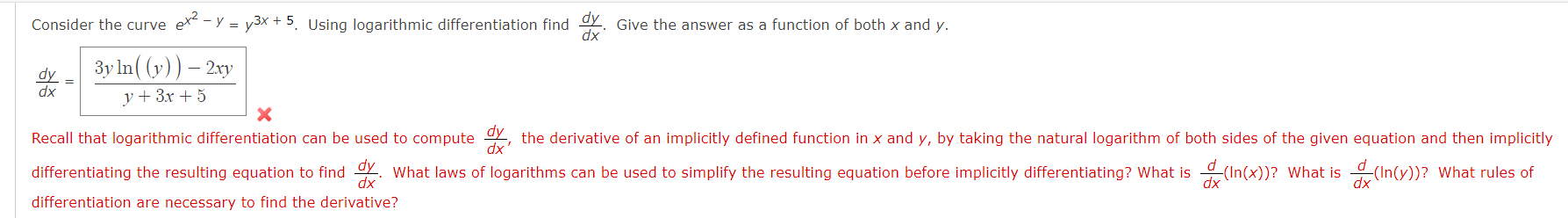 Solved Consider the curve ex2-y=y3x+5. ﻿Using logarithmic | Chegg.com