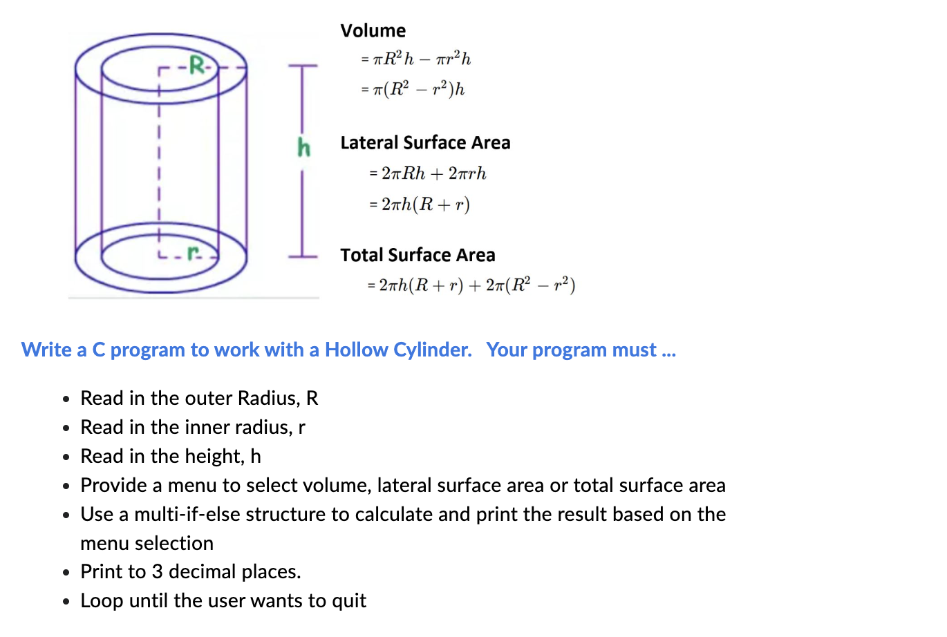Solved Volume Write A C Program To Work With A Hollow