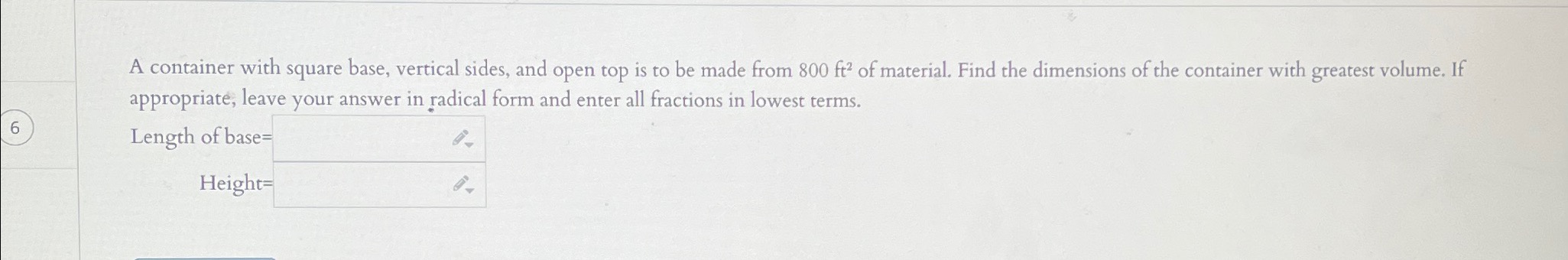 Solved A container with square base, vertical sides, and | Chegg.com