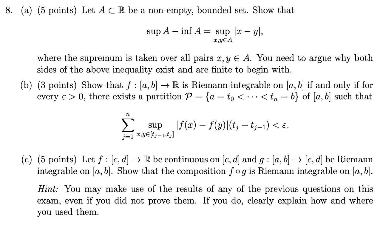 Solved 8. (a) (5 points) Let A CR be a non-empty, bounded | Chegg.com
