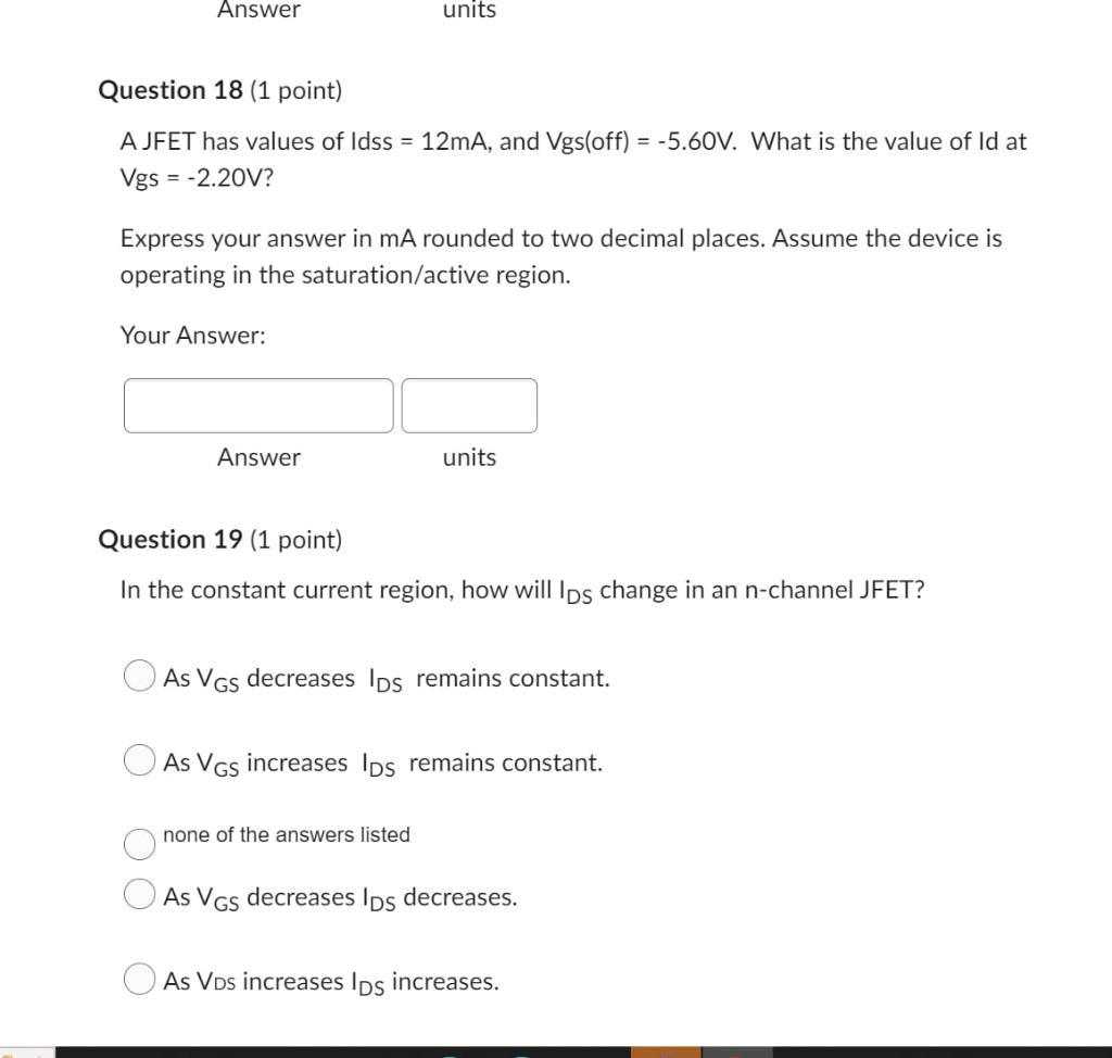 Solved A JFET has values of Idss =12 mA, and Vgs( off | Chegg.com