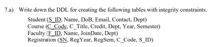 Solved 7.a) Write down the DDL for creating the following | Chegg.com