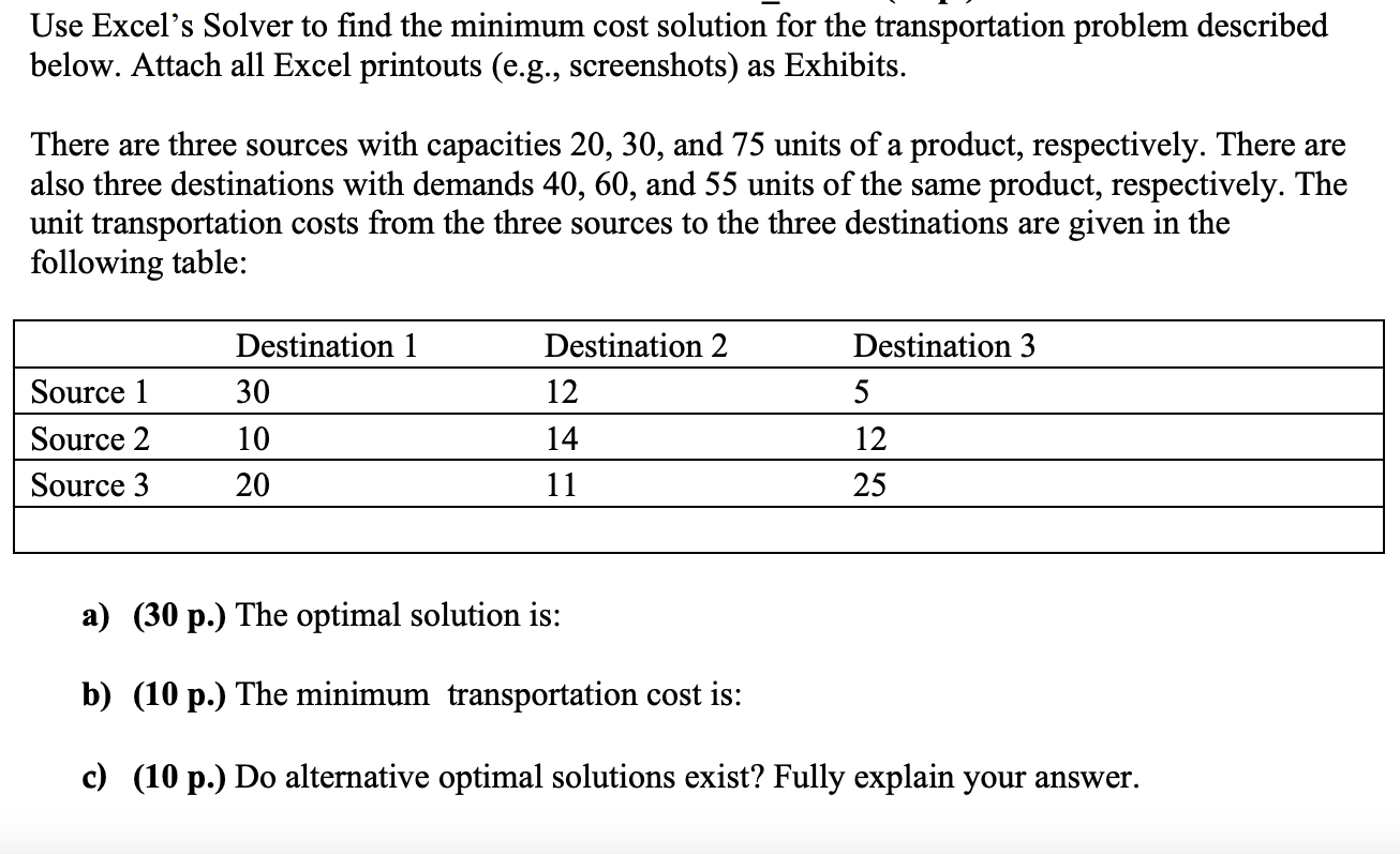 Solved Use Excel's Solver to find the minimum cost solution | Chegg.com