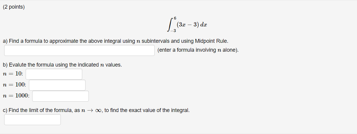 Solved (2 ﻿points)∫-36(3x-3)dxa) ﻿Find a formula to | Chegg.com