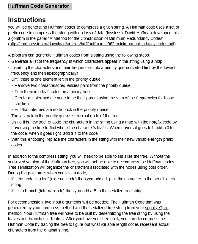 Solved Huffman Code Generator Instructions you will be | Chegg.com