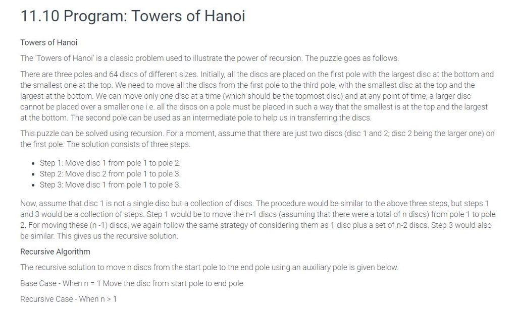 Solved 11.10 Program: Towers of Hanoi Towers of Hanoi The | Chegg.com Solved 11.10 Program: Towers of Hanoi Towers of Hanoi The | Chegg.com