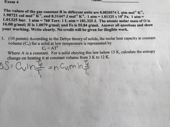 Solved Exam 4 The values of the gas constant R in different | Chegg.com