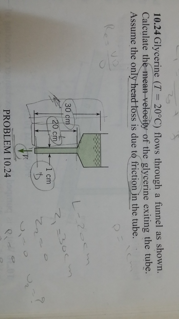 Solved 10.24 Glycerine (T = 20°C) flows through a funnel as | Chegg.com