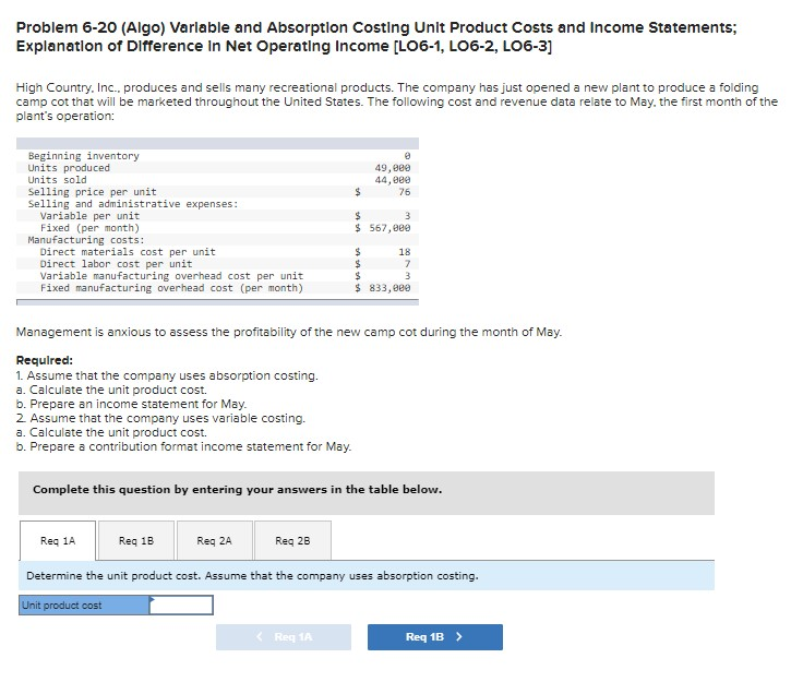 Solved Problem 6-20 (Algo) Variable and Absorption Costing | Chegg.com