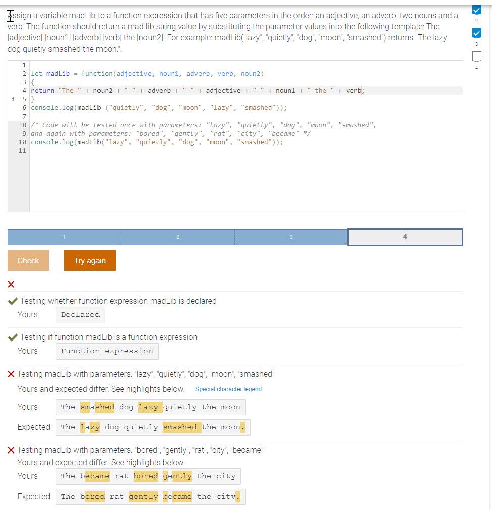 Solved ~~ Assign a variable madLib to a function expression | Chegg.com