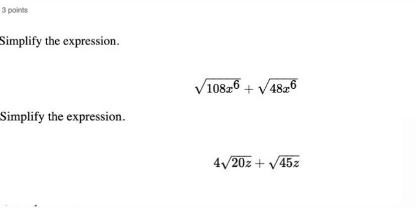 Solved 3 points Simplify the expression. V10826 + 4826 | Chegg.com Solved 3 points Simplify the expression. V10826 + 4826 | Chegg.com