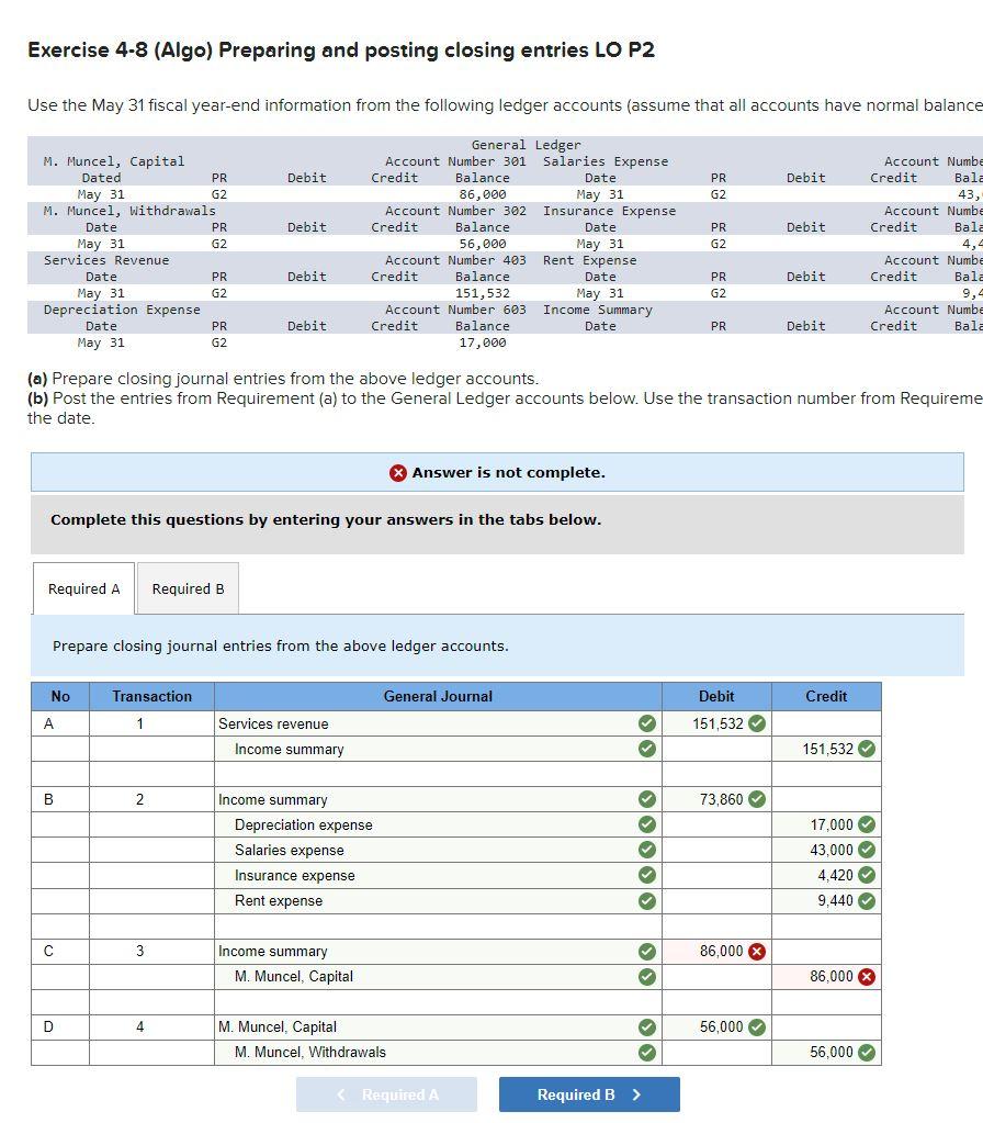 Solved Exercise 4-8 (Algo) Preparing and posting closing | Chegg.com