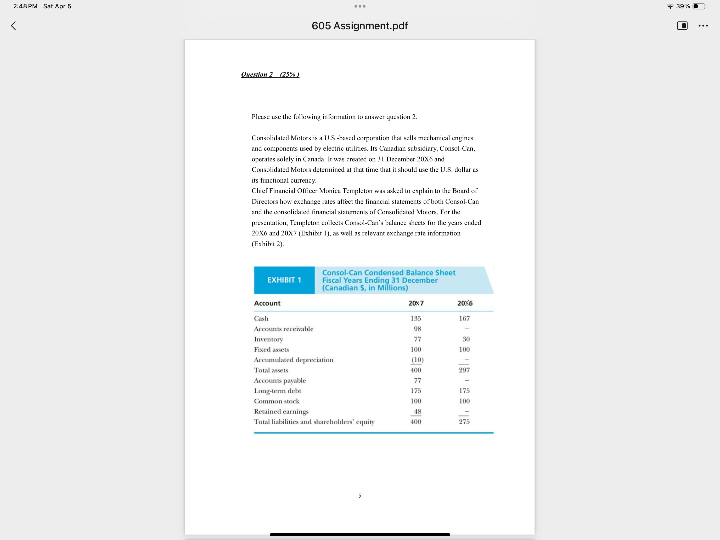 Solved 2:48 ﻿PM Sat Apr 5 - 39\% 605 ﻿Assignment.pdf | Chegg.com