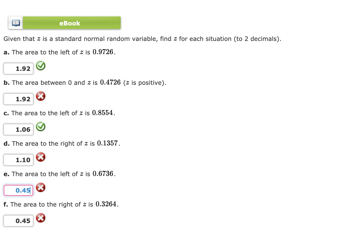 Solved eBook Given that z is a standard normal random | Chegg.com