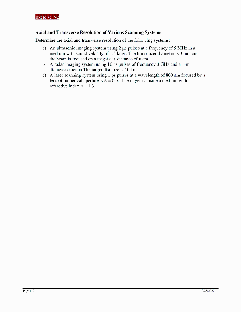 Axial and Transverse Resolution of Various Scanning | Chegg.com