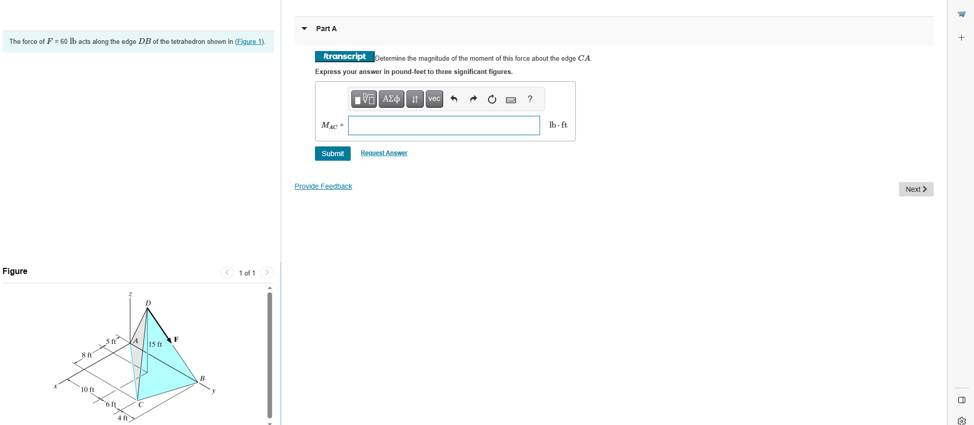 Solved The force of F=60lb acts along the edge DB of the | Chegg.com
