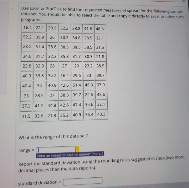 Solved Use Excel or StatDisk to find the requested measures | Chegg.com