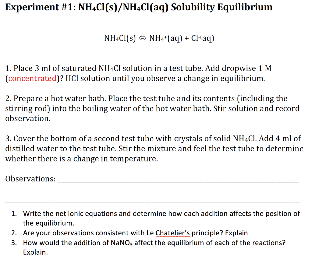 Solved Experiment # 1: NH4Cl(s)/NH4Cl(aq) Solubility | Chegg.com