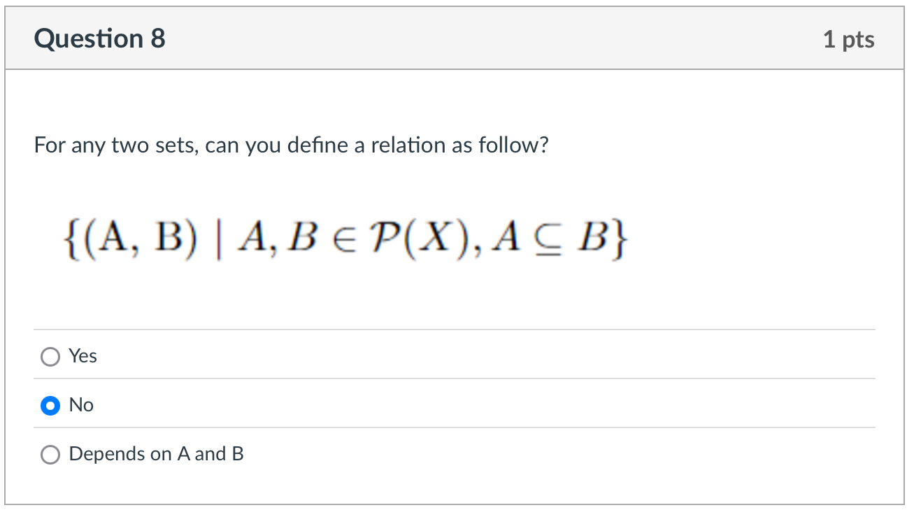 Solved Question 8For any two sets, can you define a relation | Chegg.com