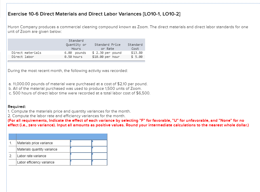 Solved Exercise 10-6 Direct Materials and Direct Labor | Chegg.com