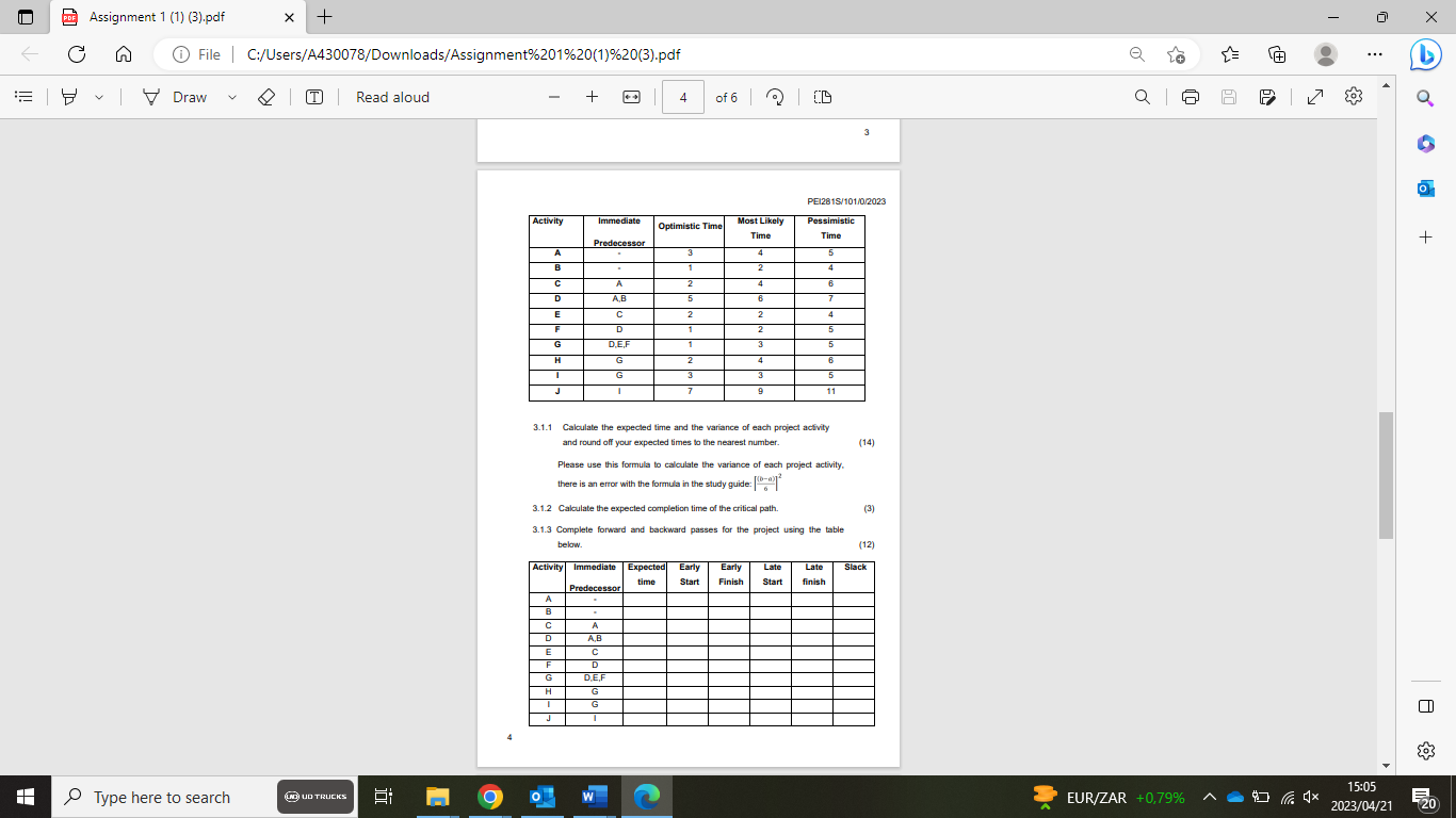 Solved PEI281S/101/0/2023 3.1.1 Calculate the expecled time | Chegg.com