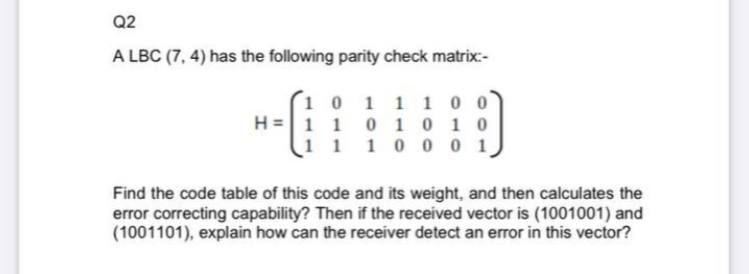 Solved Q2 A LBC (7,4) has the following parity check | Chegg.com