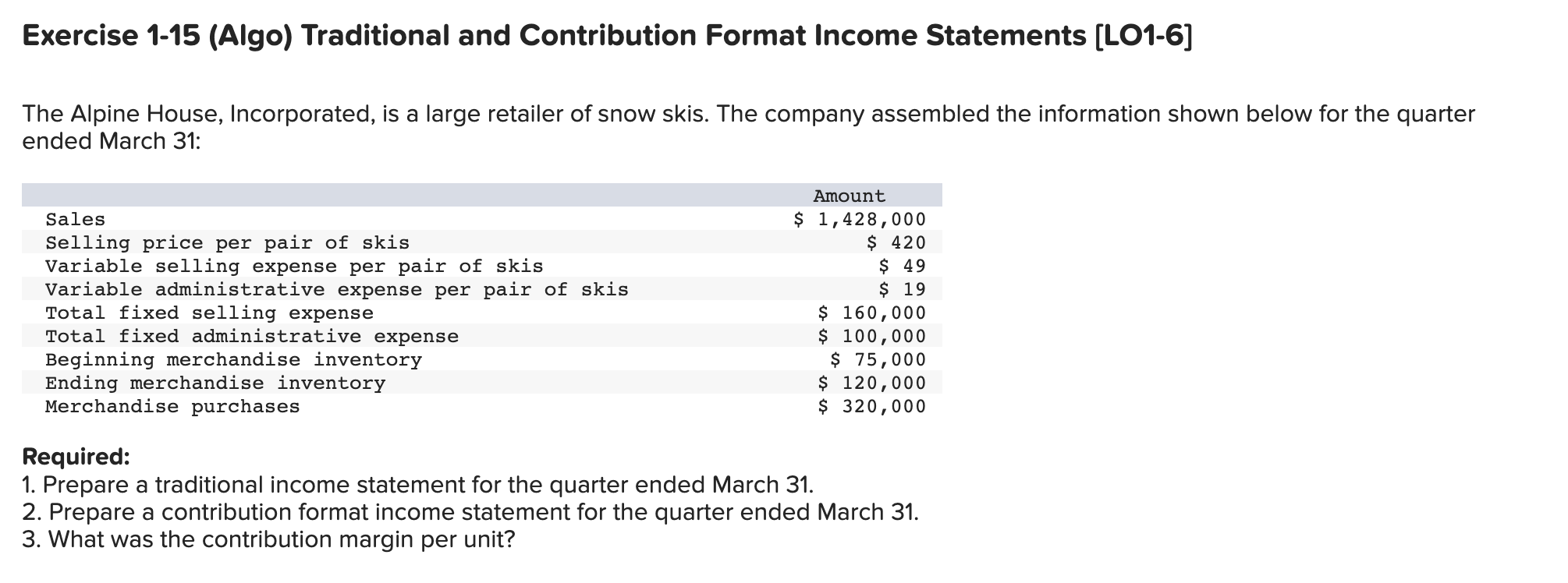 Solved Exercise 1-15 (Algo) Traditional and Contribution | Chegg.com
