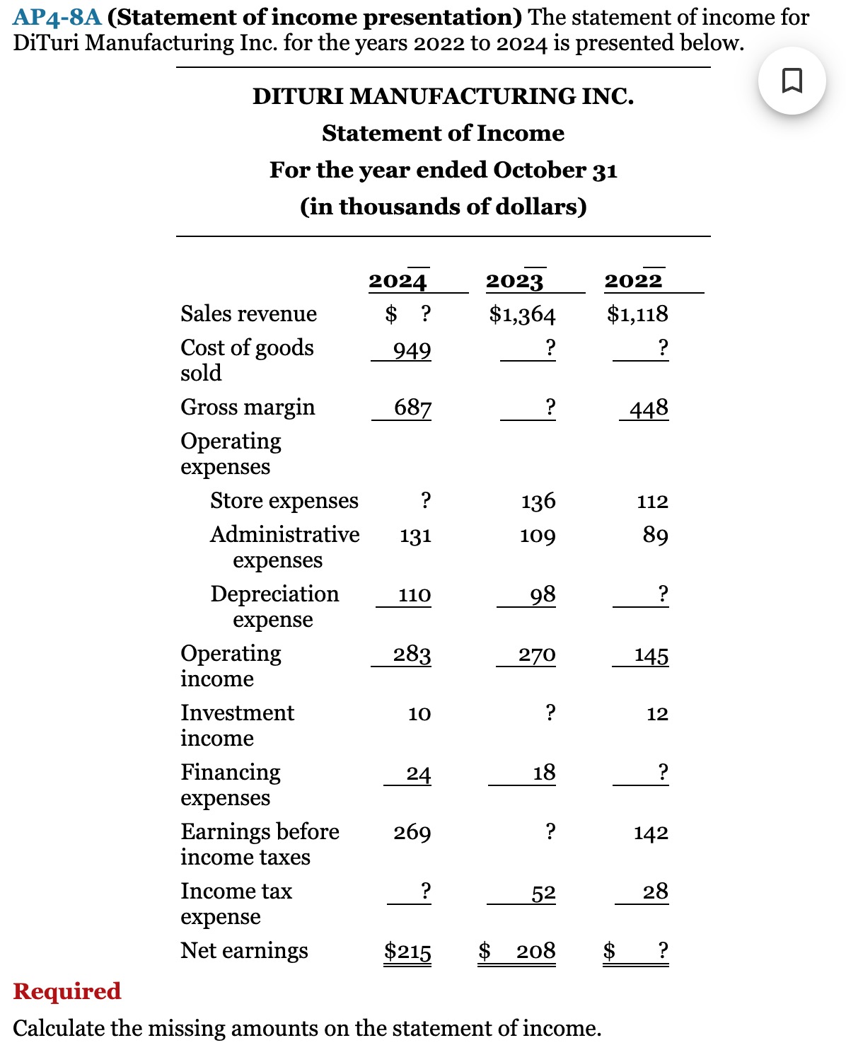 AP4-8A (Statement of income presentation) The | Chegg.com