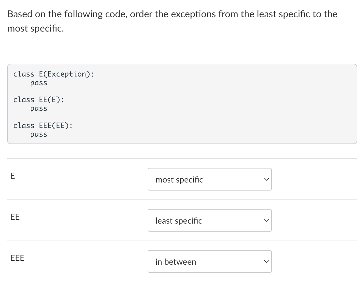 Solved Based on the following code, order the exceptions | Chegg.com