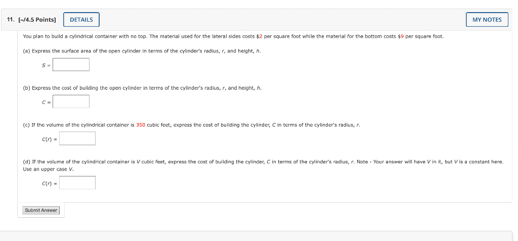Solved 11. [-14.5 Points] DETAILS MY NOTES You plan to build | Chegg.com