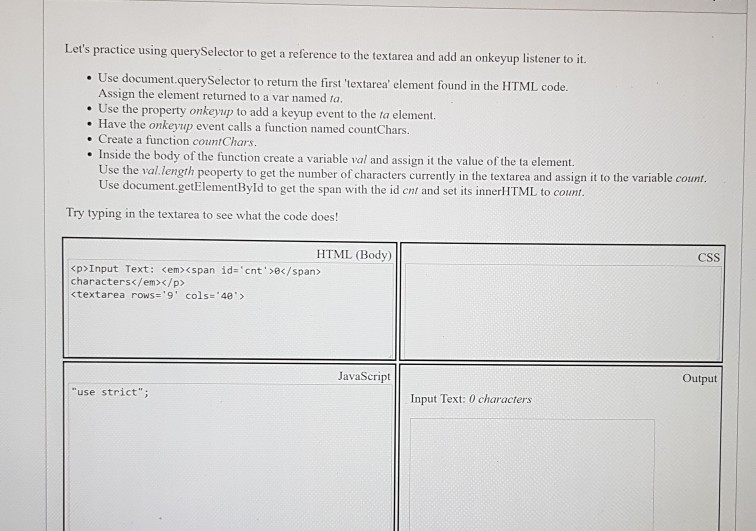 Solved Let's practice using querySelector to get a reference | Chegg.com