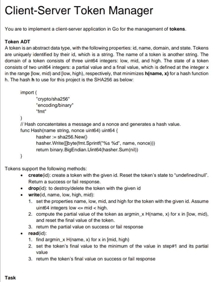 Client-Server Token Manager You are to implement a | Chegg.com