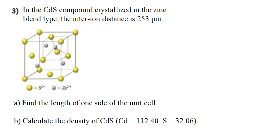 Solved 3) In the CdS compound crystallized in the zinc blend | Chegg.com