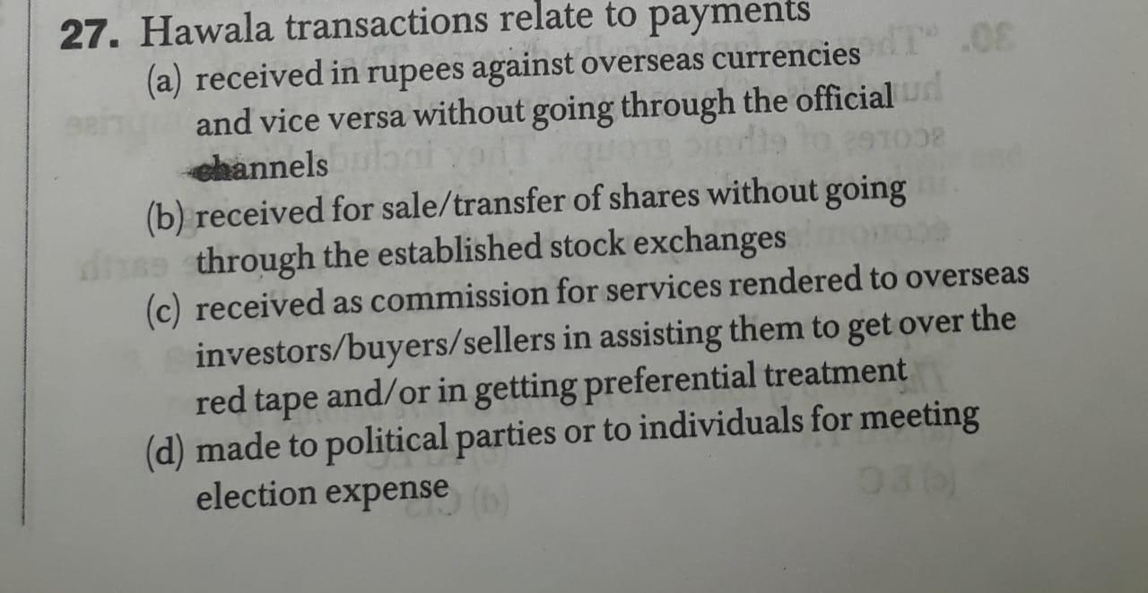 Solved 27. Hawala transactions relate to payments (a) | Chegg.com