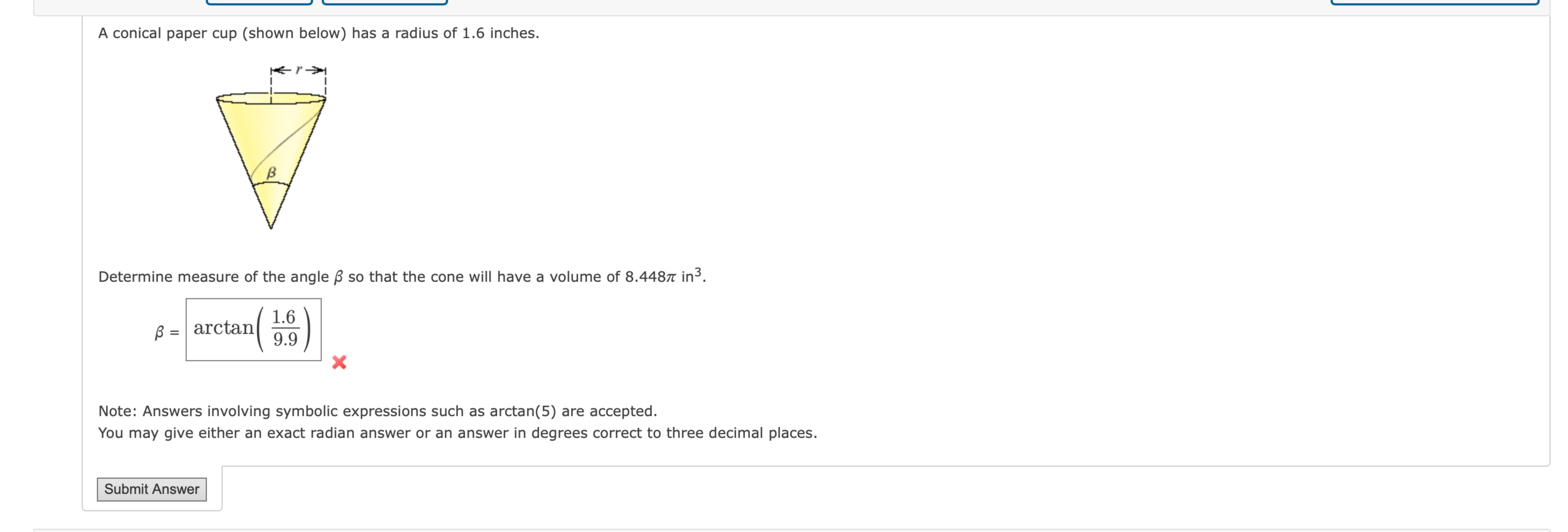 Solved A conical paper cup (shown below) ﻿has a radius of | Chegg.com
