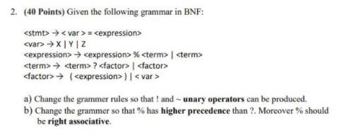Solved 2. (40 Points) Given the following grammar in BNF: | Chegg.com