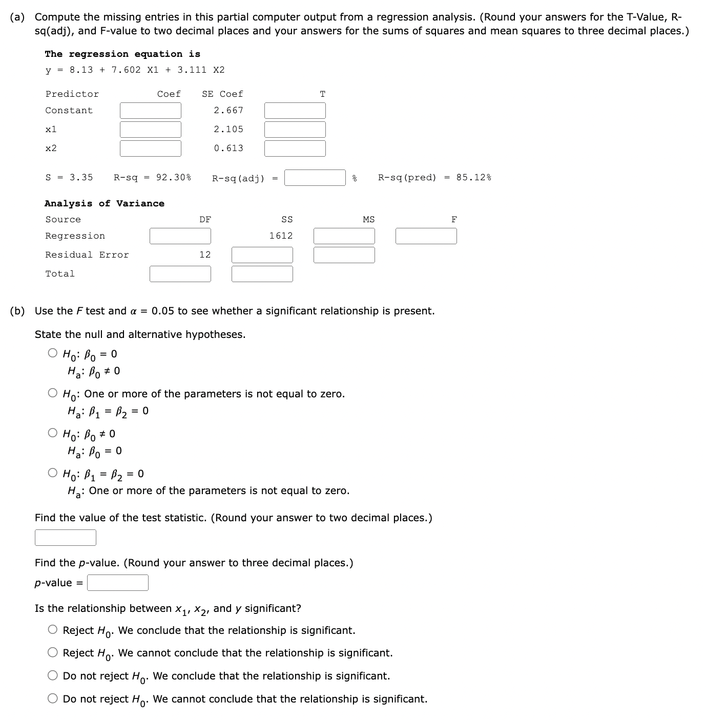 Solved (a) Compute the missing entries in this partial | Chegg.com