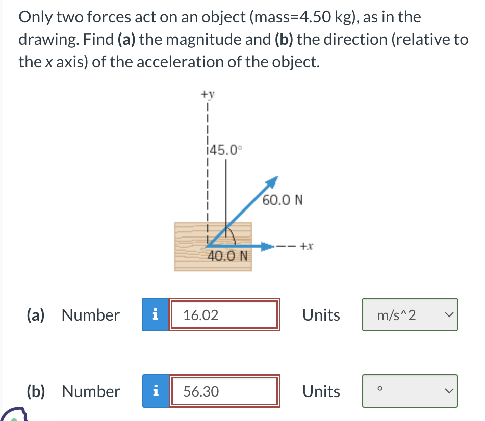 Solved Only two forces act on an object (mass =4.50 kg ), as | Chegg.com
