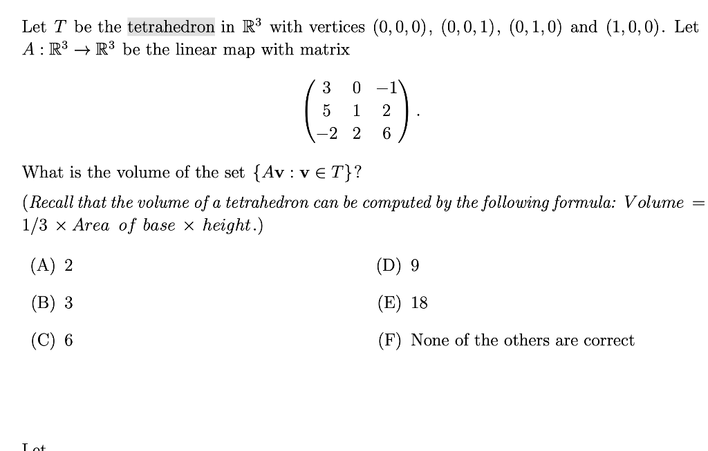 Solved Let T be the tetrahedron in R3 with vertices | Chegg.com