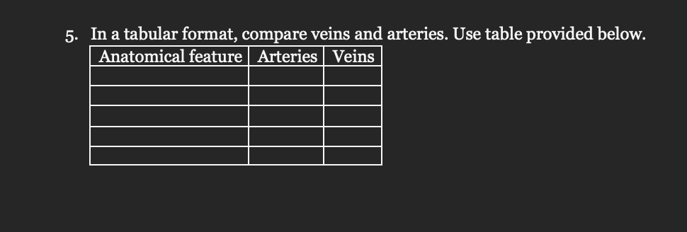 Solved 5. In a tabular format, compare veins and arteries. | Chegg.com