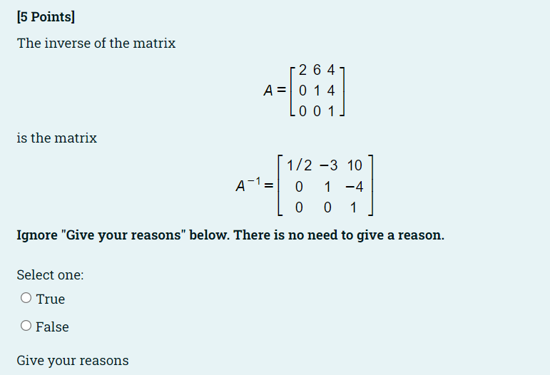 Solved [5 Points] The inverse of the matrix A=⎣⎡200610441⎦⎤ | Chegg.com