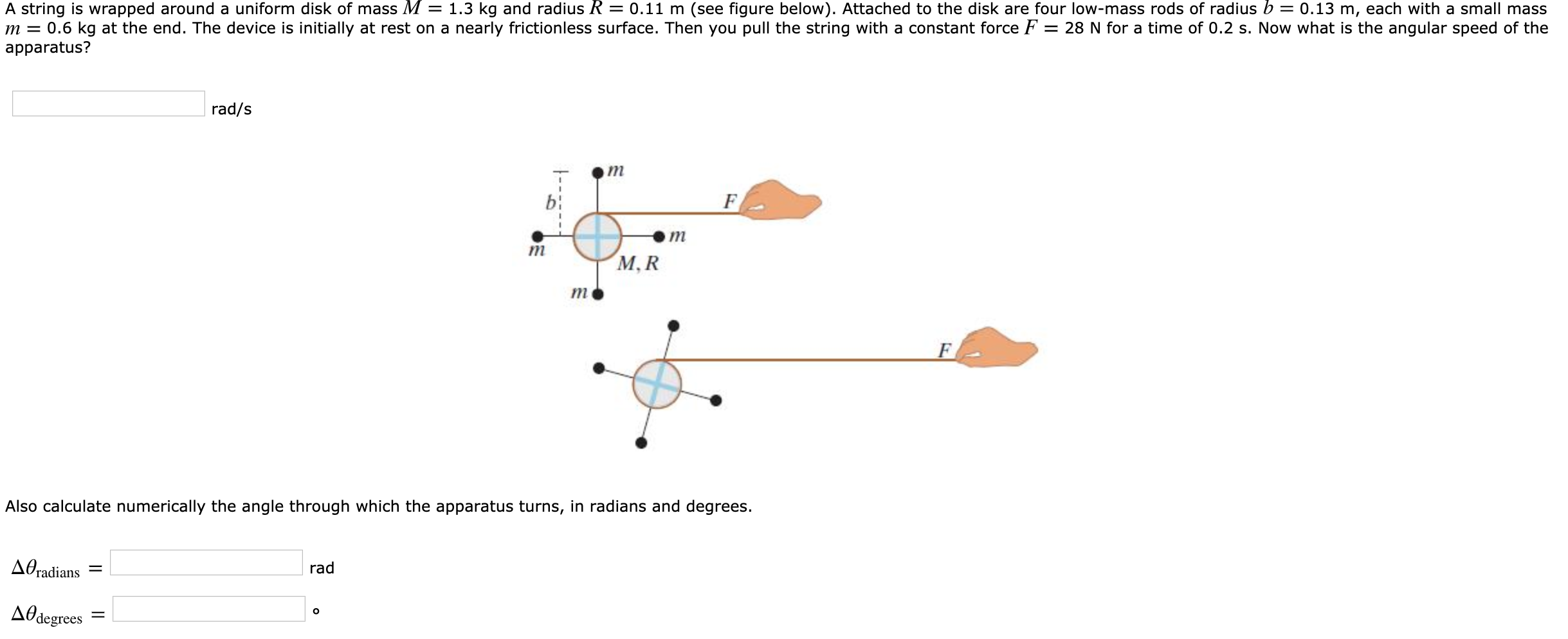 Solved A string is wrapped around a uniform disk of mass M = | Chegg.com