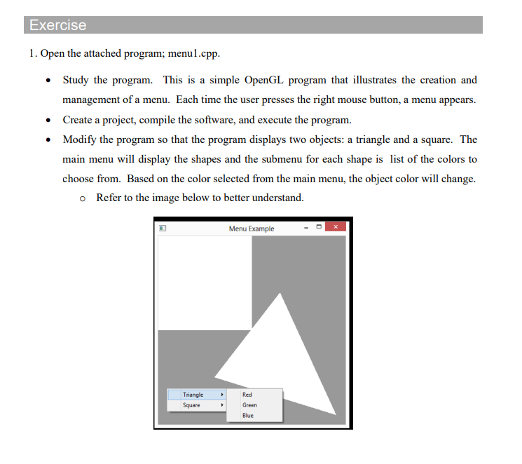 Exercise 1. Open the attached program; menul.cpp. • | Chegg.com