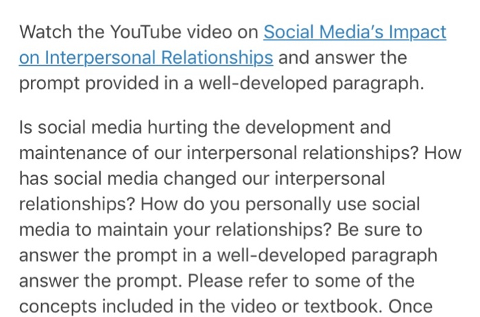 Solved Watch the YouTube video on Social Media's Impact on | Chegg.com