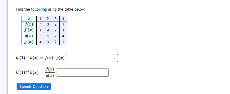 [Solved]: Find the following using the table below. h(1) i