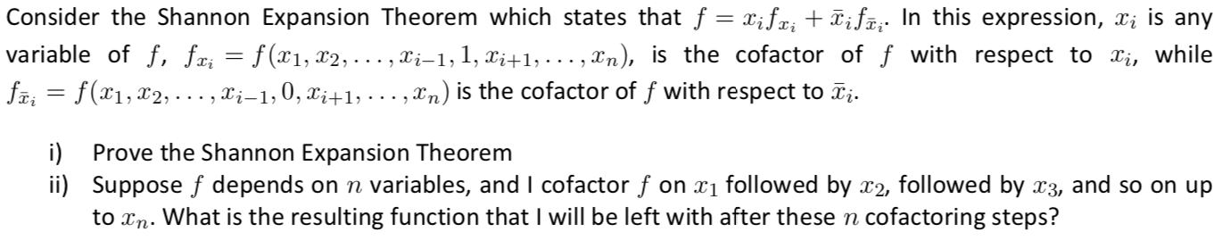 Solved Consider the Shannon Expansion Theorem which states | Chegg.com