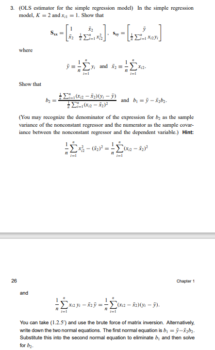 Solved 3. (OLS estimator for the simple regression model) In | Chegg.com