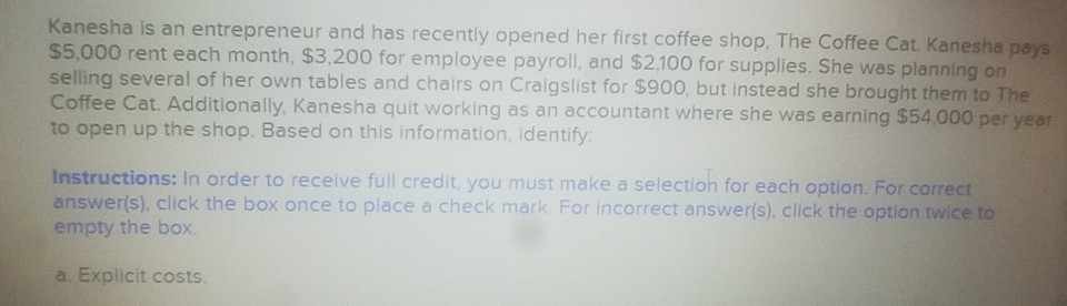 Solved Kanesha is an entrepreneur and has recently opened | Chegg.com