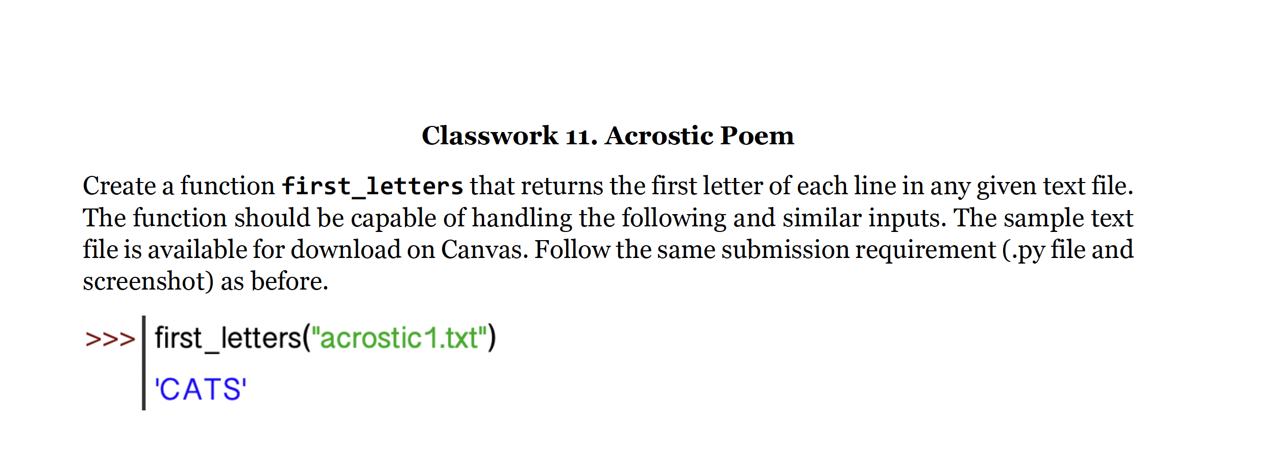 Solved Classwork 11. ﻿Acrostic PoemCreate a function | Chegg.com